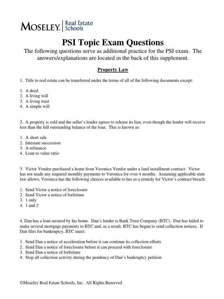 Practice Questions for the PSI Property and Contract Law Exam | PDF ...
