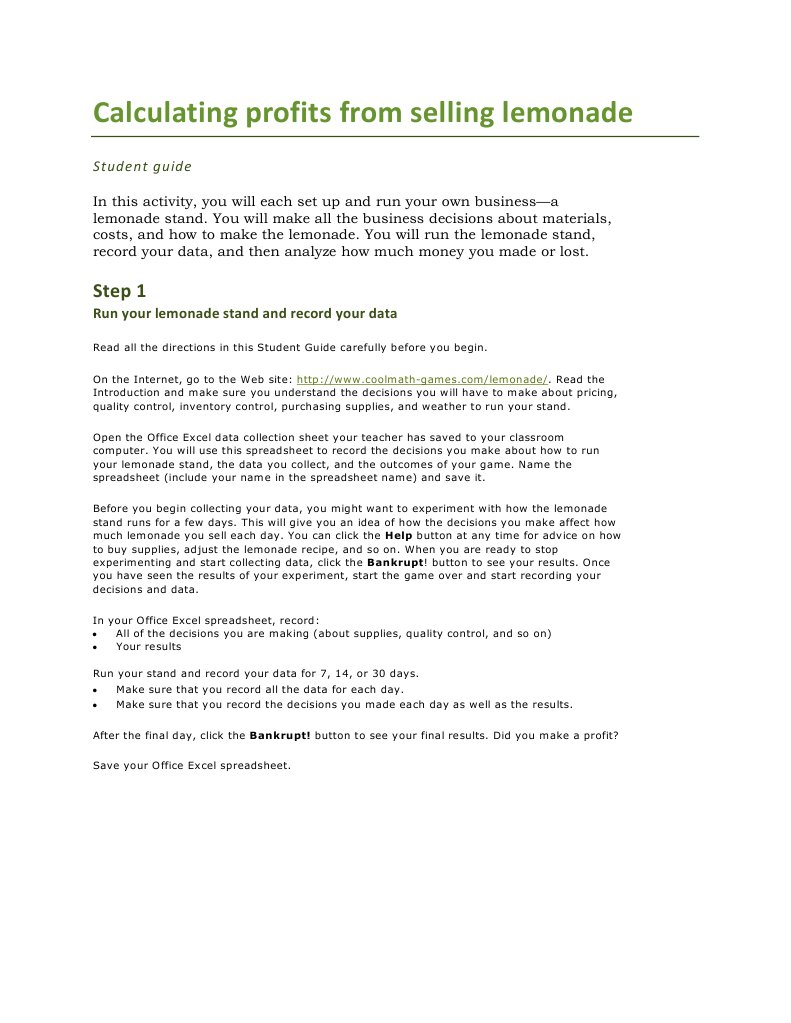 Calculating Profits From Selling Lemonade: Run Your Lemonade Stand and ...