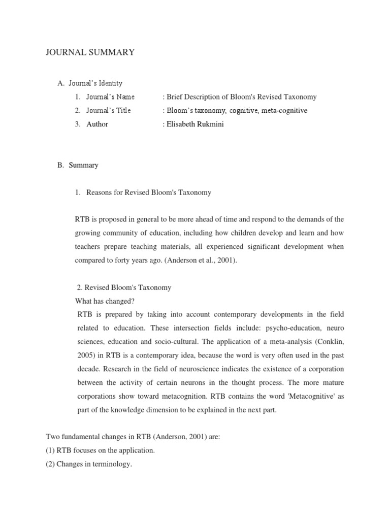 Journal Summary: Bloom's Taxonomy, Cognitive, Meta-Cognitive Author ...