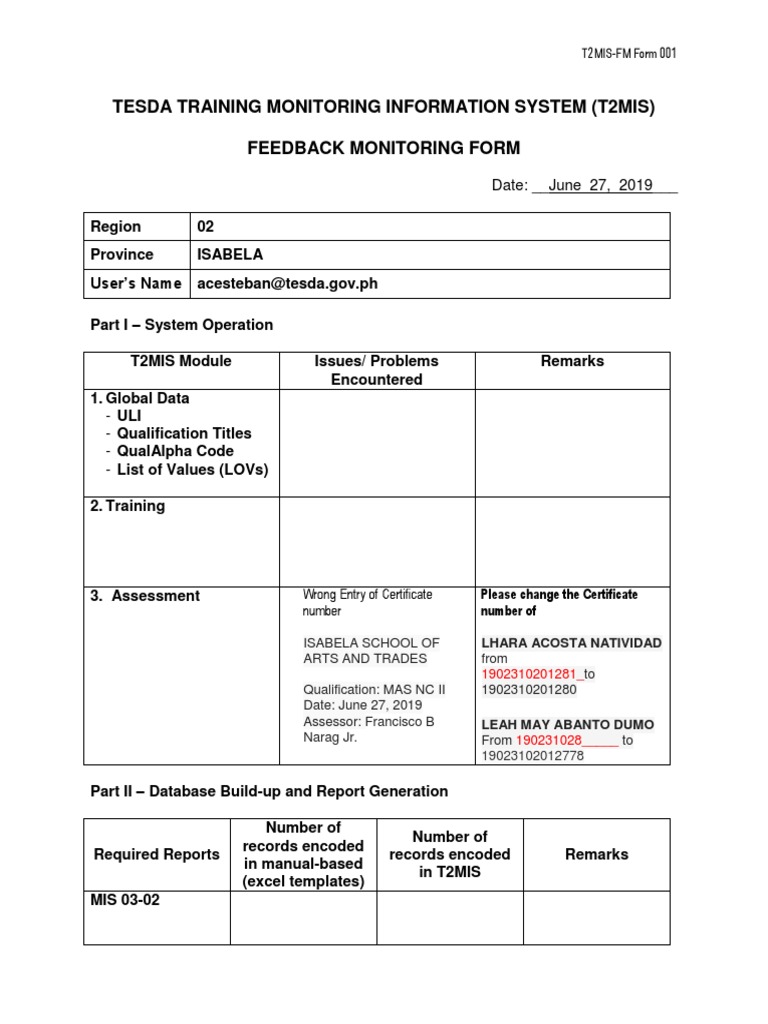 Tesda Training Monitoring Information System (T2Mis) Feedback ...