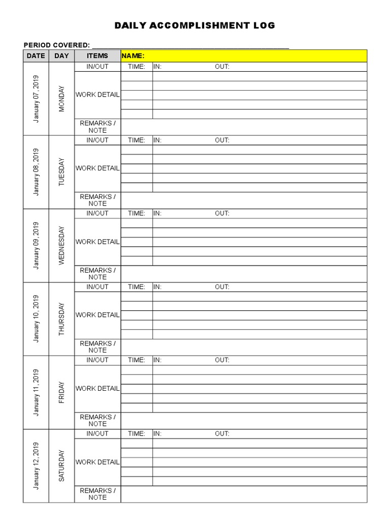 Daily Accomplishment Log For Employees | PDF