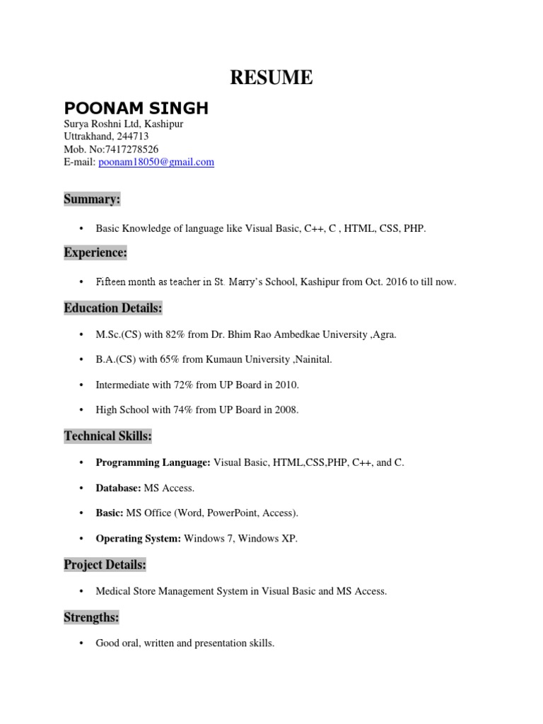 Resume: Poonam Singh | PDF