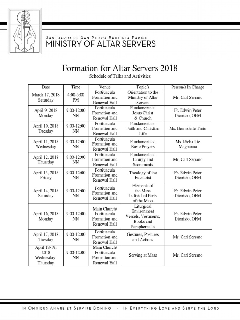 Formation For Altar Servers 2018: Schedule of Talks and Activities ...
