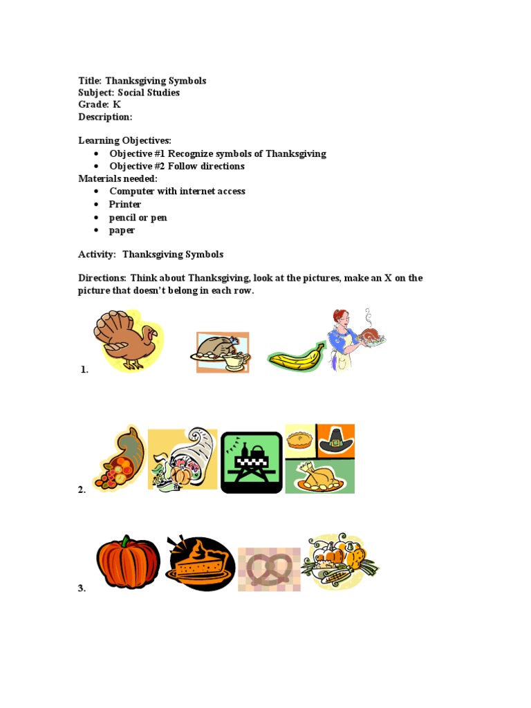Activity Sheet - Kindergarten - Thanksgiving Symbols | PDF