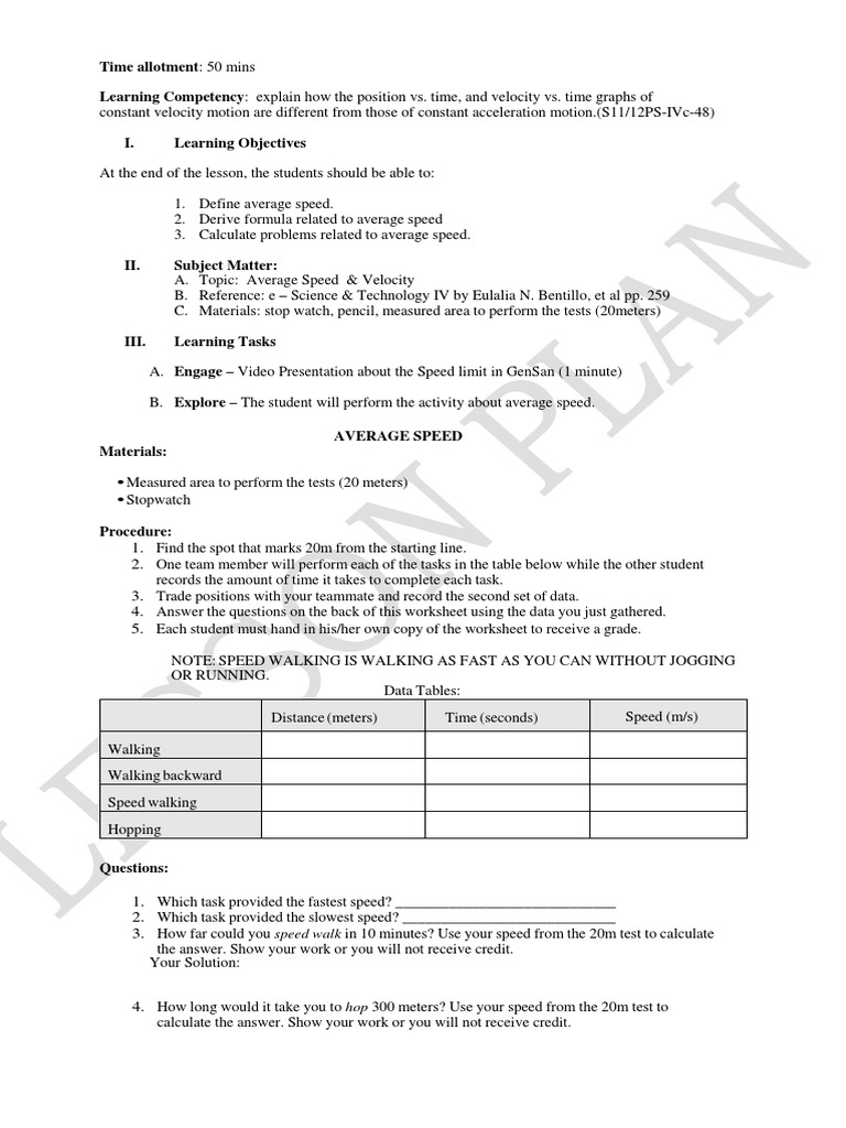 Lesson Plan For Speed | PDF | Speed | Velocity