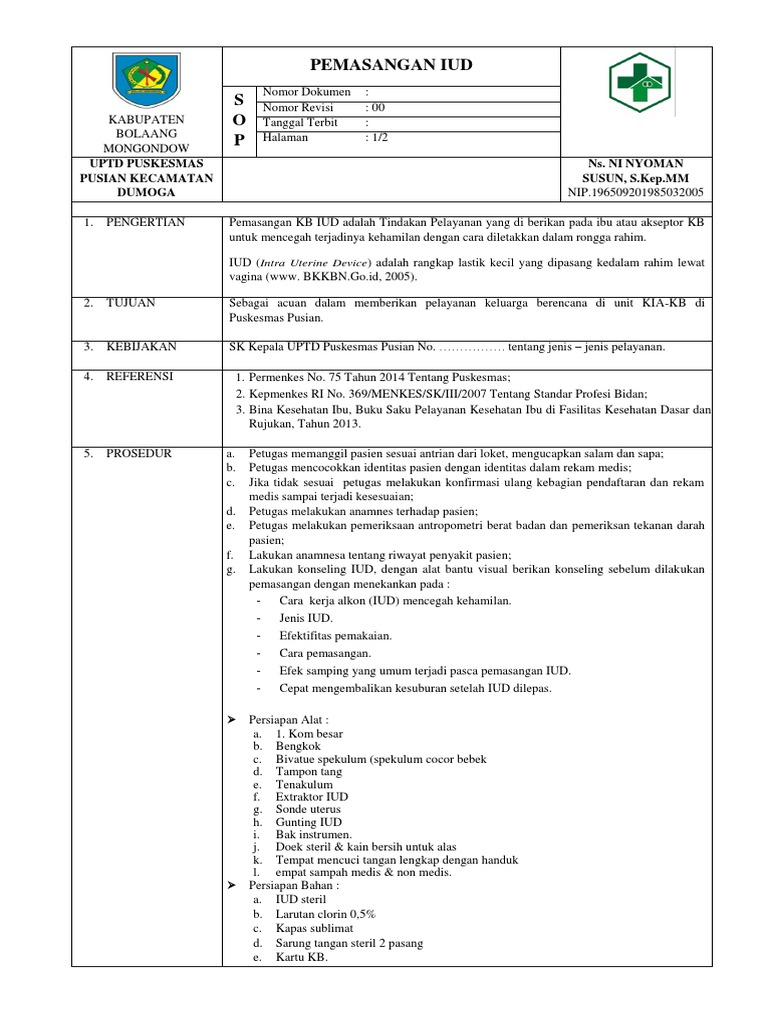 SOP Pemasangan KB IUD | PDF