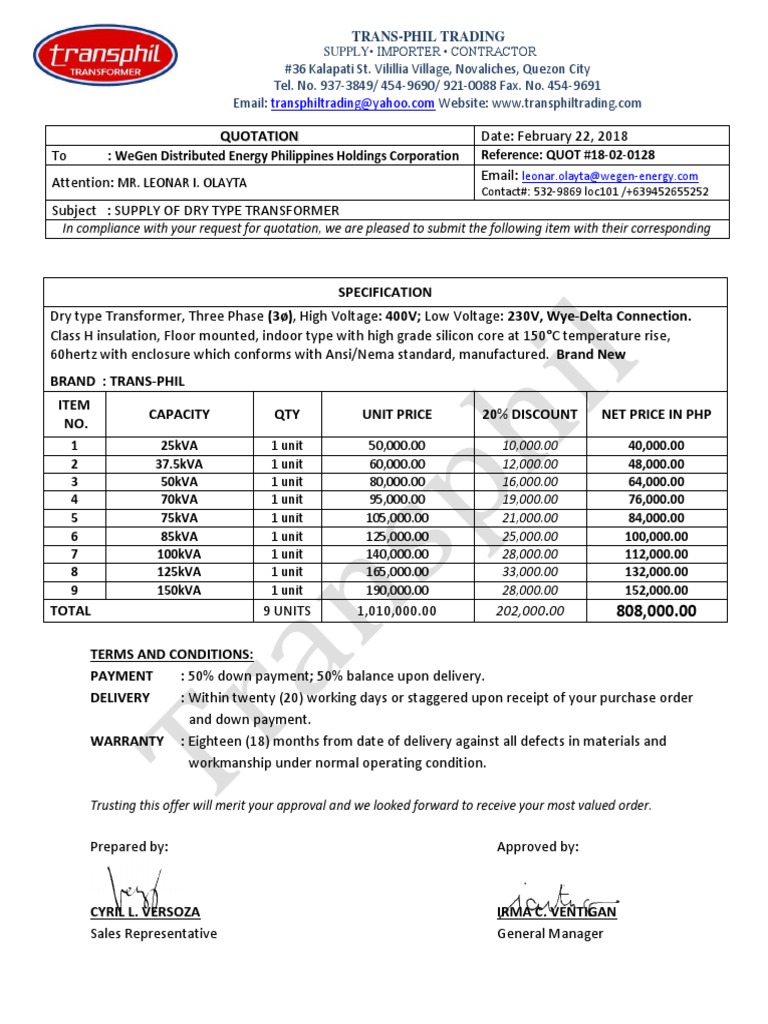 Transformers quotation | PDF | Transformer | Electric Power