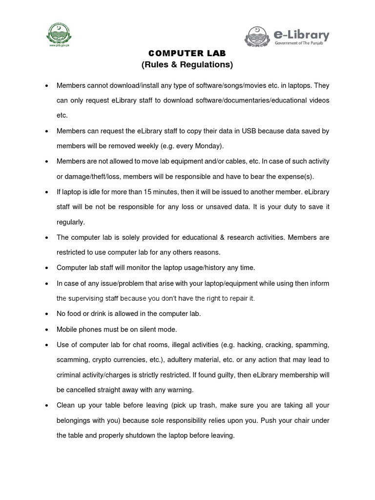 Rules & Regulations (Computer Lab) | PDF