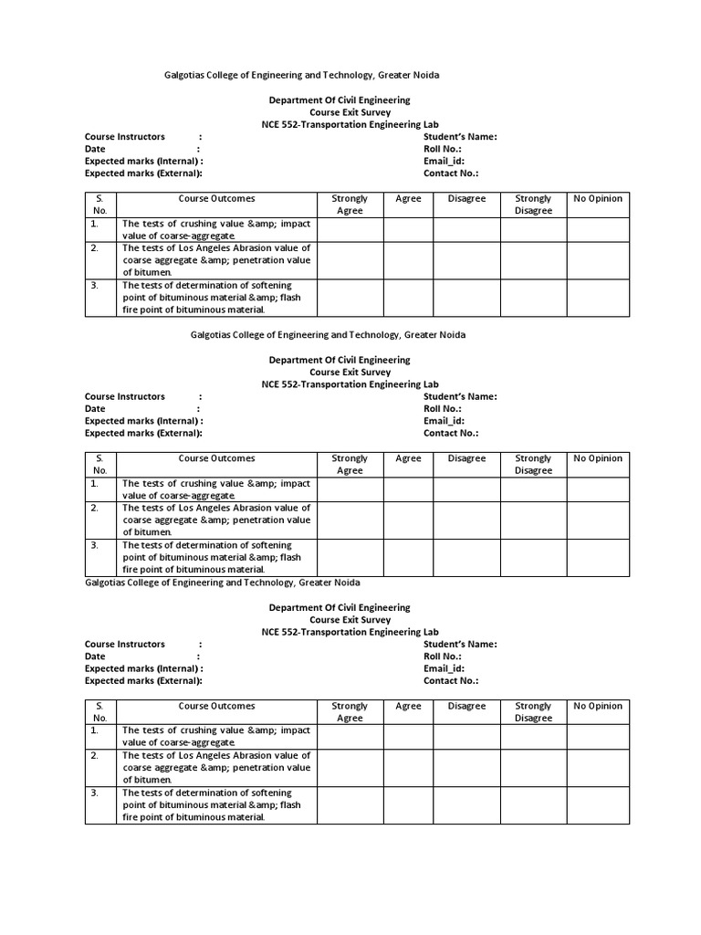 Course Exit Survey Transportation Lab | PDF | Asphalt | Building Materials