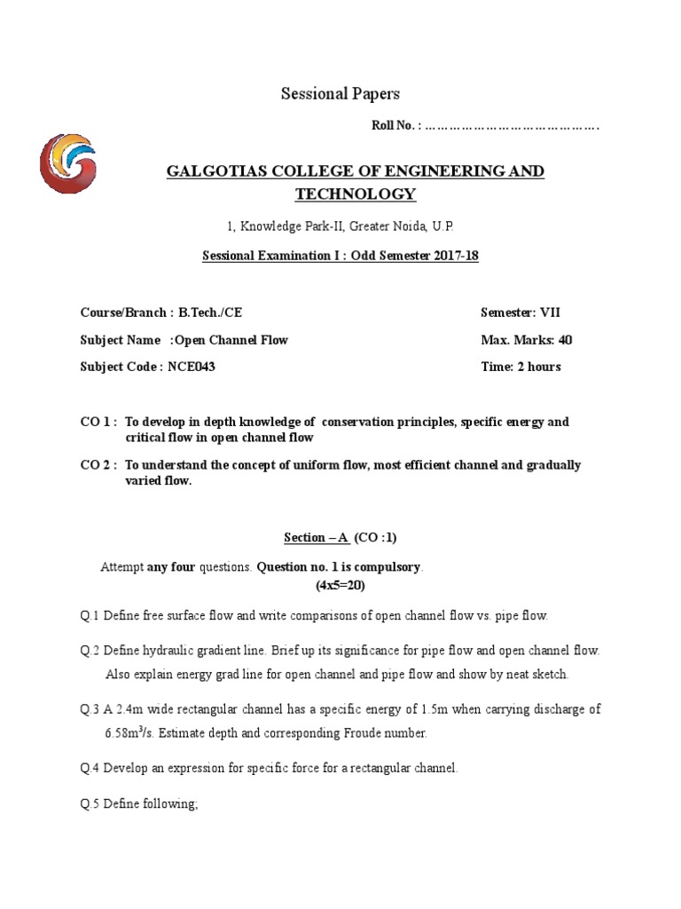 Question Paper Ocf | PDF | Fluid Dynamics | Chemical Engineering