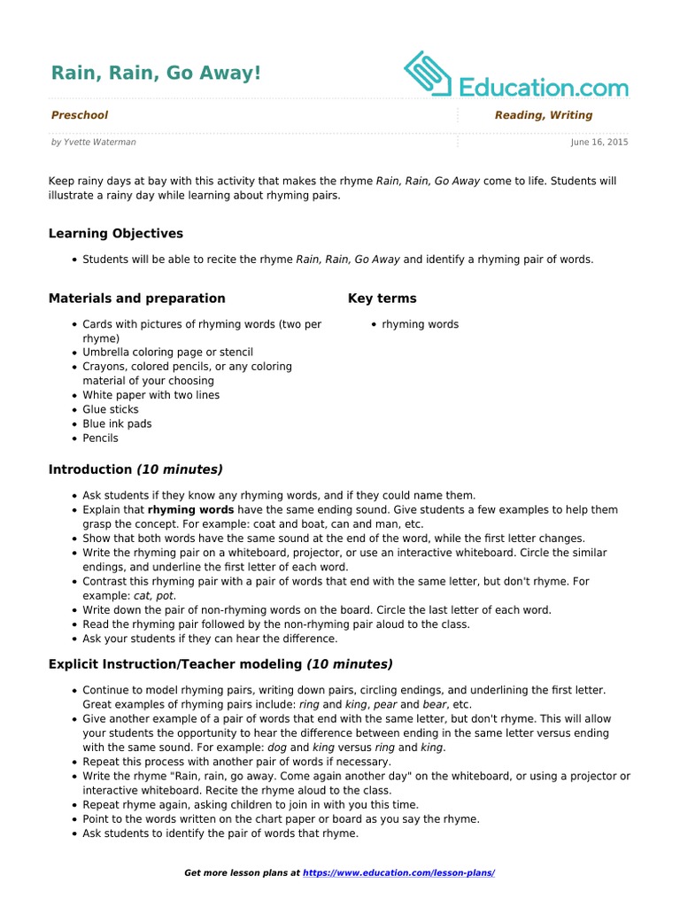 Rain Rain Go Away | PDF | Rhyme | Education Theory
