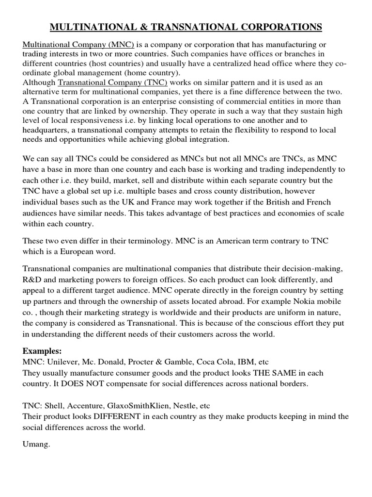 MNC TNC | PDF | Multinational Corporation | Business Economics