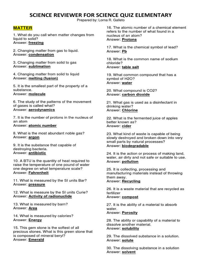 Science Reviewer For Science Quiz Elementary: Matter | PDF | Neuron | Blood