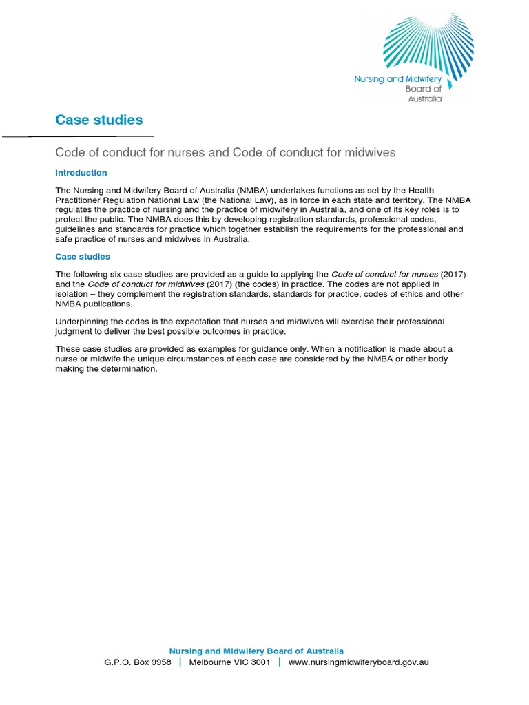 NMBA Case Studies Code of Conduct For Nurses and Code of Conduct For ...