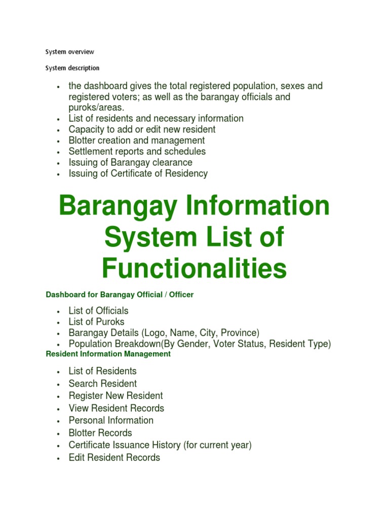 Barangay Information System List of Functionalities: System Overview ...