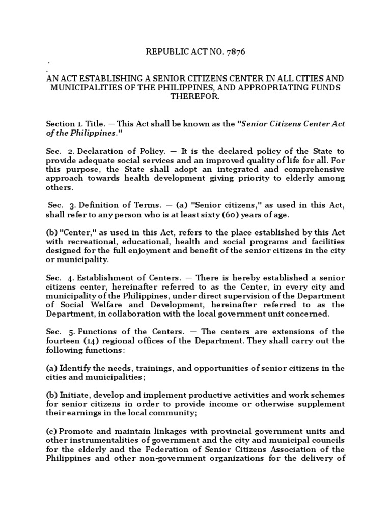 RA 7876 - Senior Citizens Center Act PDF | PDF | Welfare | Old Age