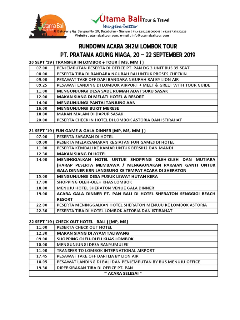 RUNDOWN ACARA Pan Bali Outing 2019 | PDF