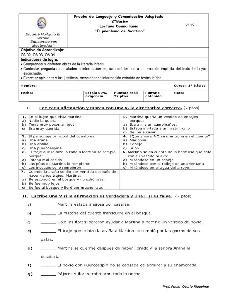 Prueba Lectura Agosto - El Problema de Martina - Adaptada 2 | PDF
