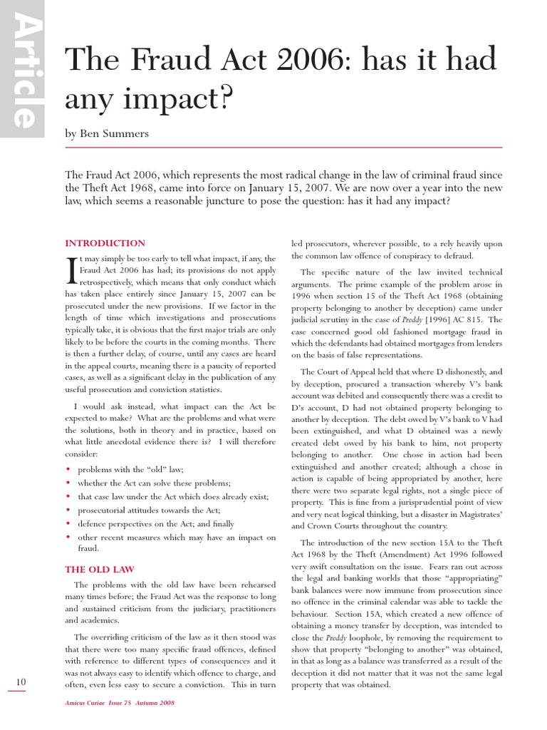 The Fraud Act 2006: Has It Had Any Impact?: by Ben Summers | PDF | Fraud | Dishonesty