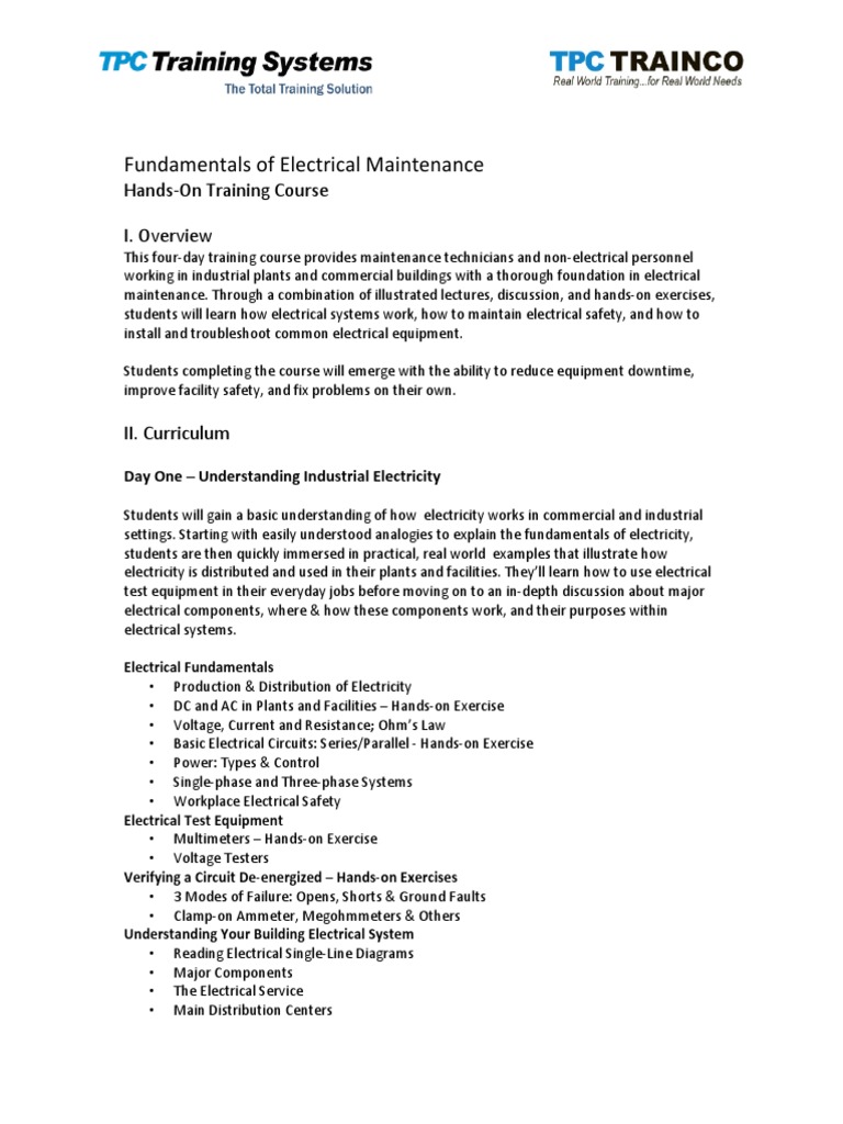 Electrical Maintenance Training Course | PDF | Electrical Wiring ...