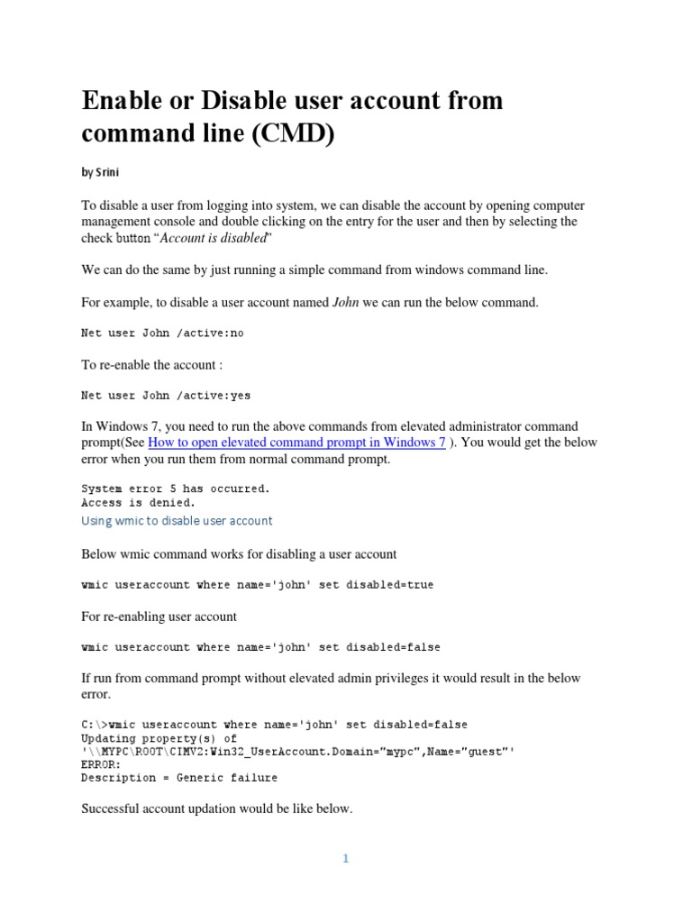 Enable or Disable User Account From Command Line | PDF