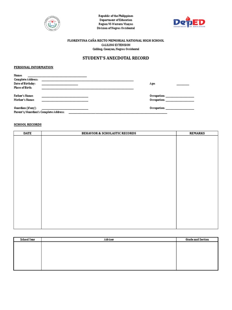 Student'S Anecdotal Record: Florentina Caña Recto Memorial National ...