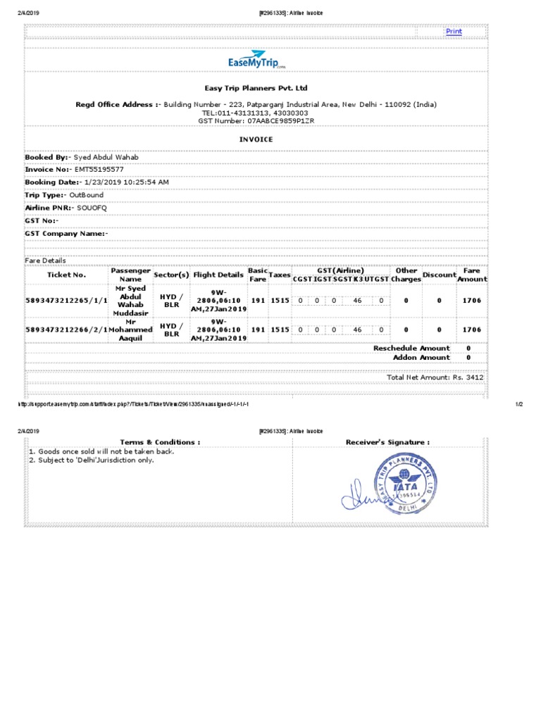 (#2961335) - Airline Invoice | PDF | Value Added Tax | Invoice
