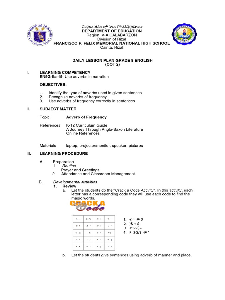 Lesson Plan Grade 9 English Cot2 | PDF | Lesson Plan | Adverb