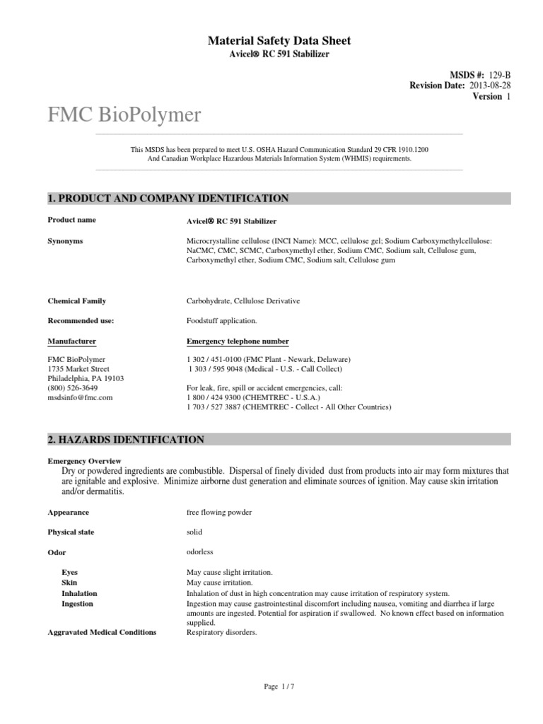 FMC Biopolymer: Material Safety Data Sheet | PDF | Superfund | Personal ...