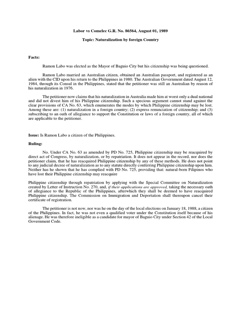 Labo Vs Comelec Digest | PDF | Naturalization | Citizenship