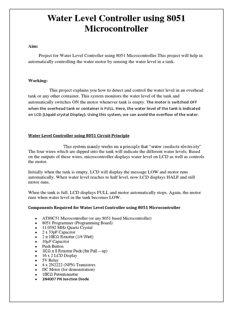 Water Level Controller Using 8051 Circuit Principle | PDF | Electric ...