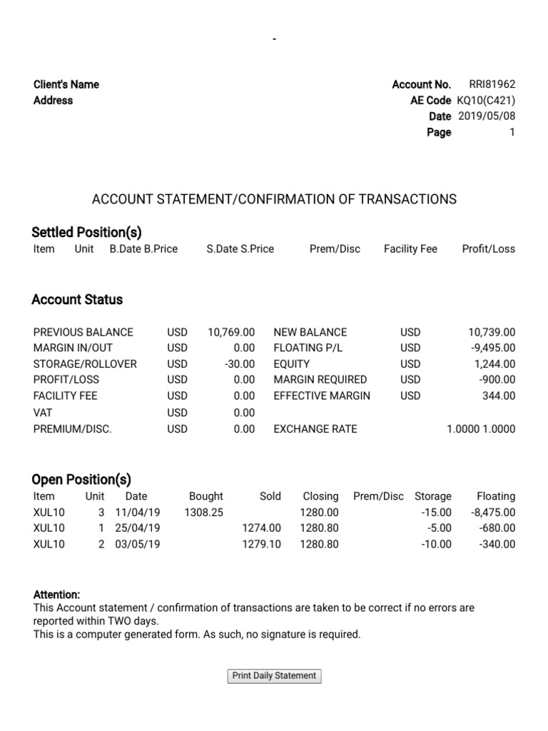 Account Statement/Confirmation of Transactions Settled Position(s) | PDF