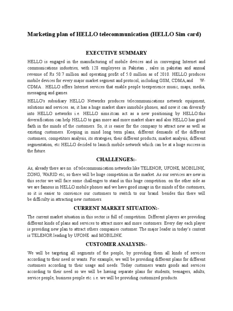 Marketing Plan For Hello Telecom | PDF | Marketing | Mobile Phones