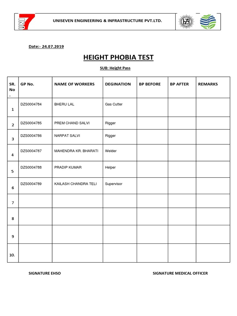 Height Phobia Test Procedure | PDF | Technology & Engineering