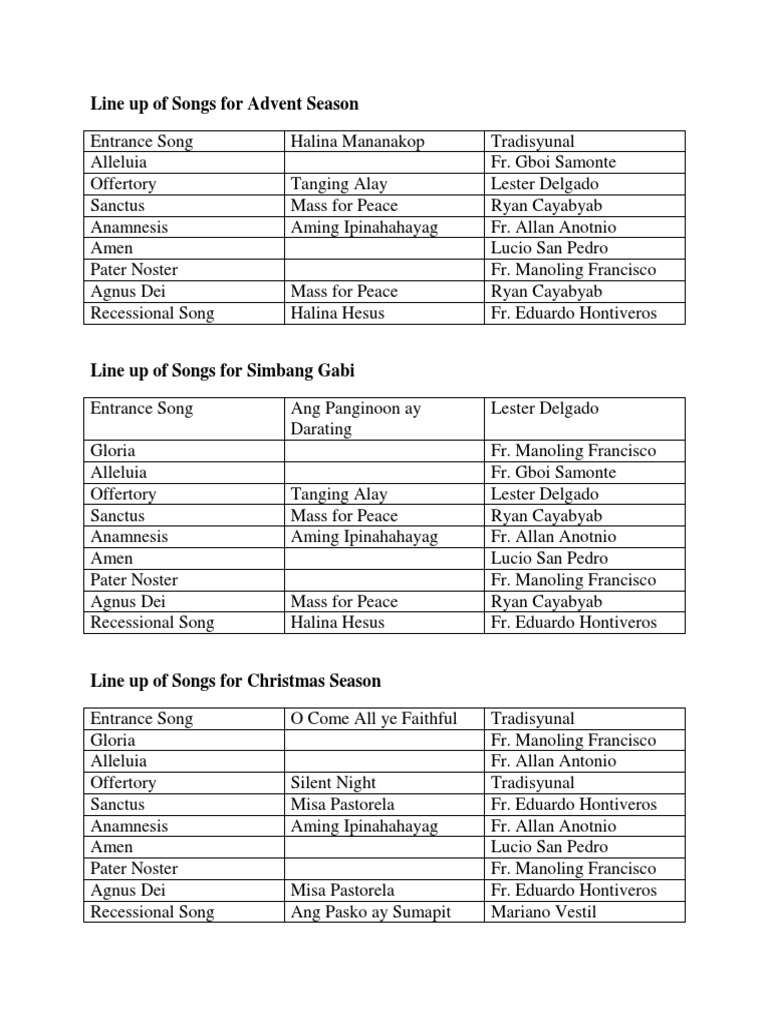 Advent Mass Song Lineup | PDF
