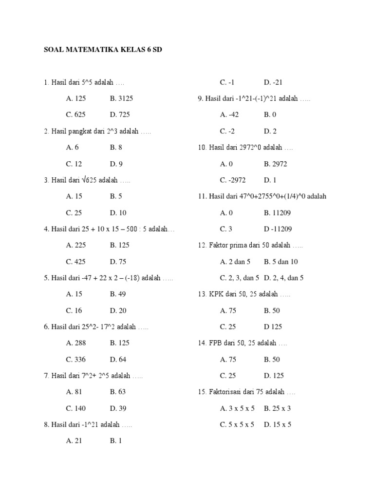 Soal Matematika Kelas 6 SD | PDF