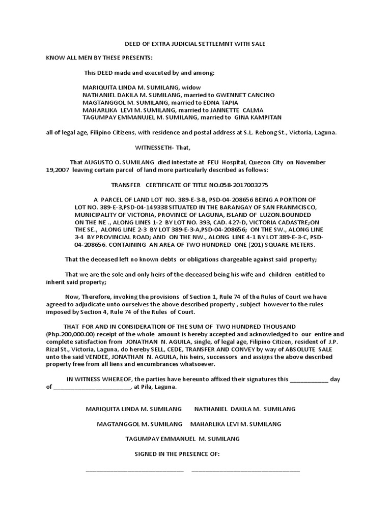 Deed of Extra Judicial Settlemnt With Sale Mariquita Linda M. Sumilang ...