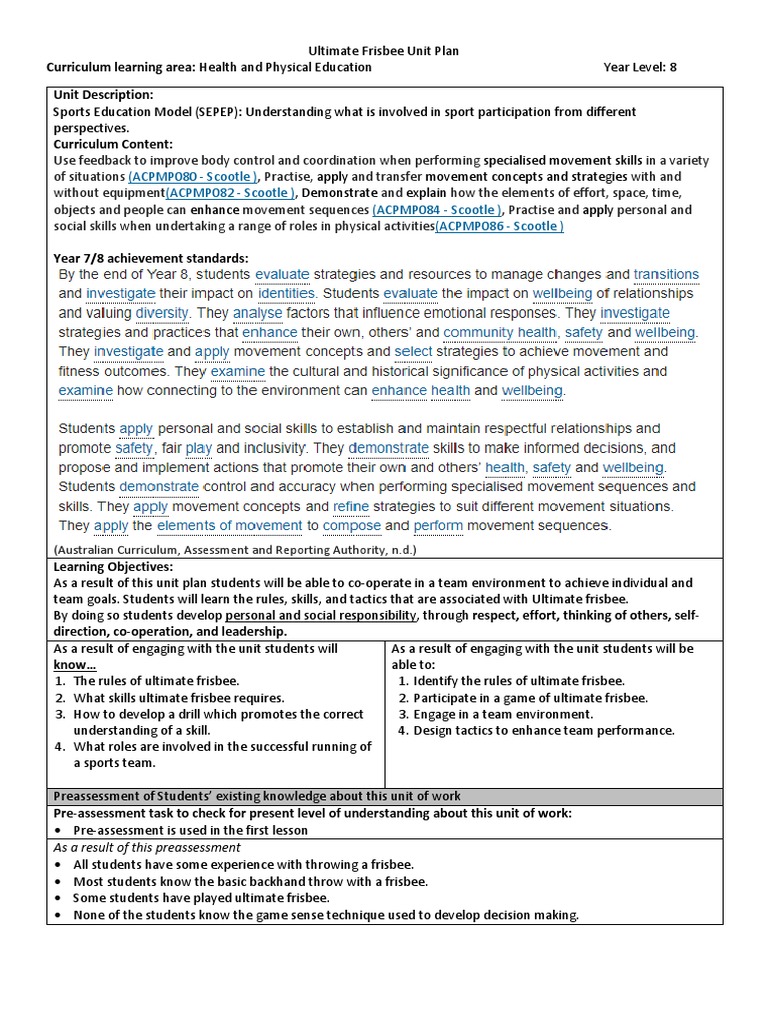 Year 8 Ultimate Frisbee Unit Plan | PDF | Lesson Plan | Learning