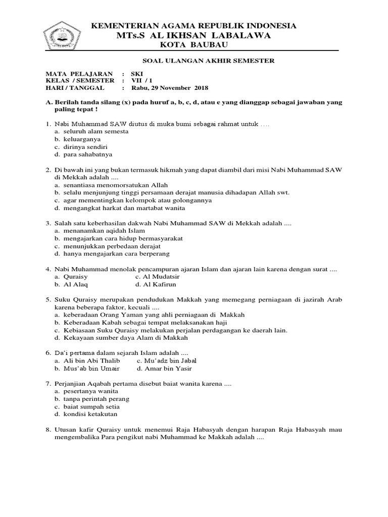 Ulangan Semester 1 Kelas 1 | PDF