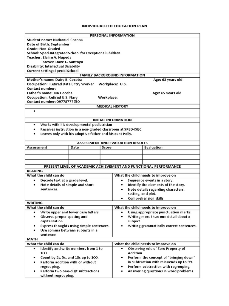 Nathaniel Cocoba's IEP Overview | PDF | Individualized Education ...