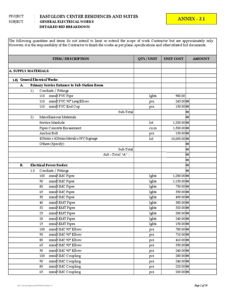 Annex 3..3 - Electrical Works | PDF | Pipe (Fluid Conveyance) | Components
