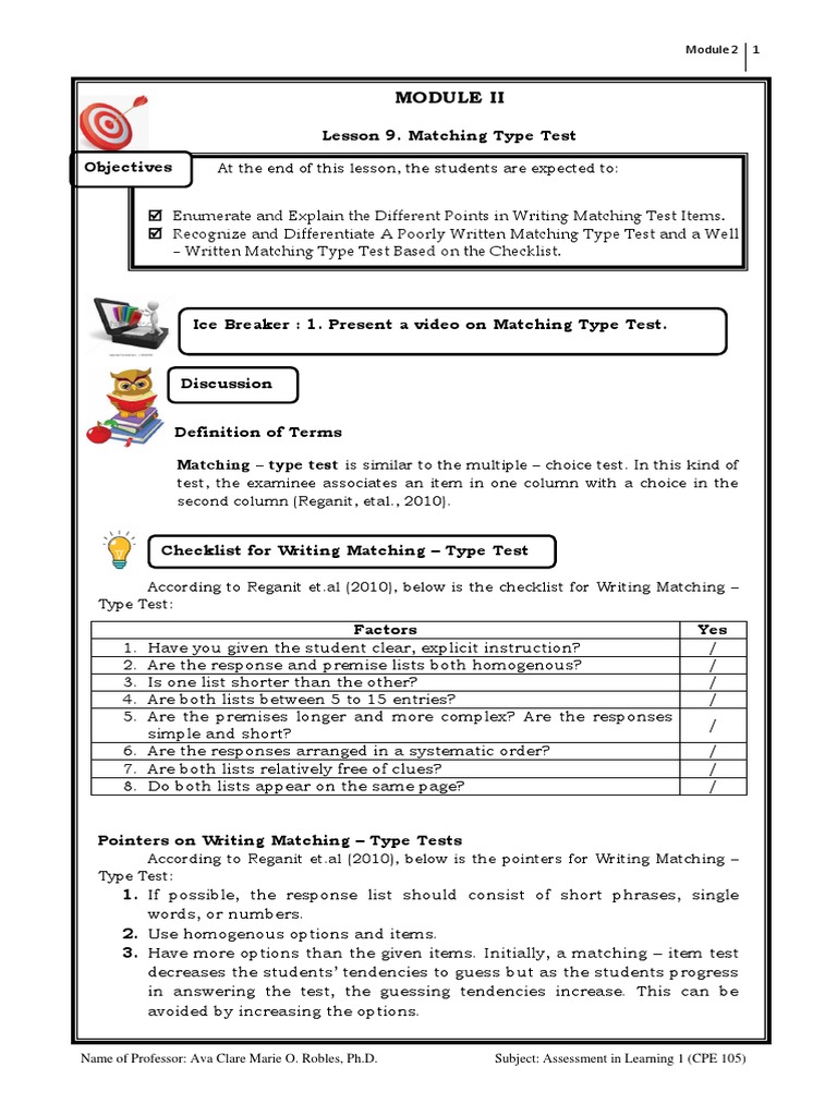 Matching - Type Test Is Similar To The Multiple - Choice Test. in This ...