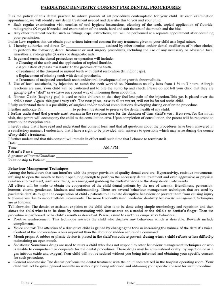 Paediatric Dental Consent Form | PDF | Dentistry | Human Tooth