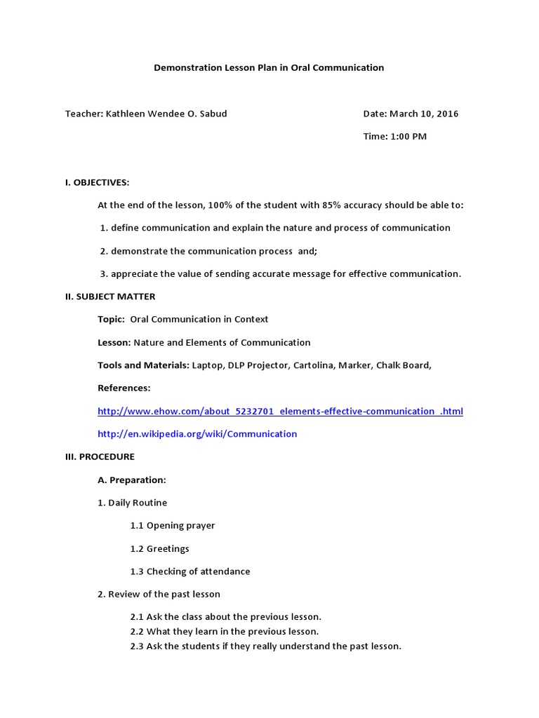 Demo Lesson Plan in Oral Comm. | PDF | Lesson Plan | Communication