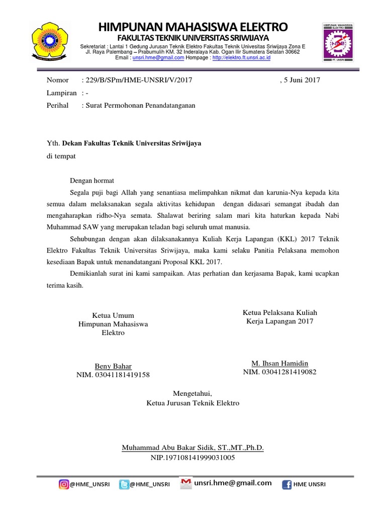 Surat Permohonan Tanda Tangan KKL 2017 | PDF