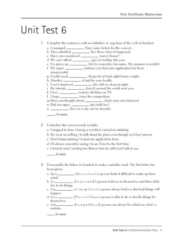 Unit Test 6: First Certificate Masterclass | PDF