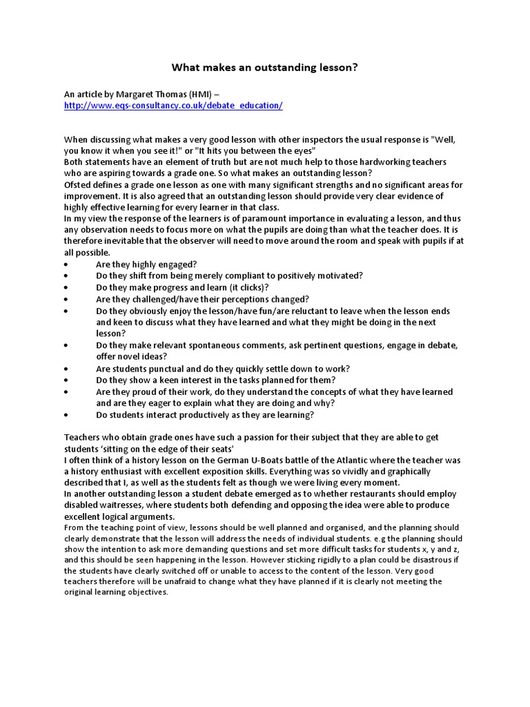 What Makes An Outstanding Lesson | PDF | Expert | Teachers