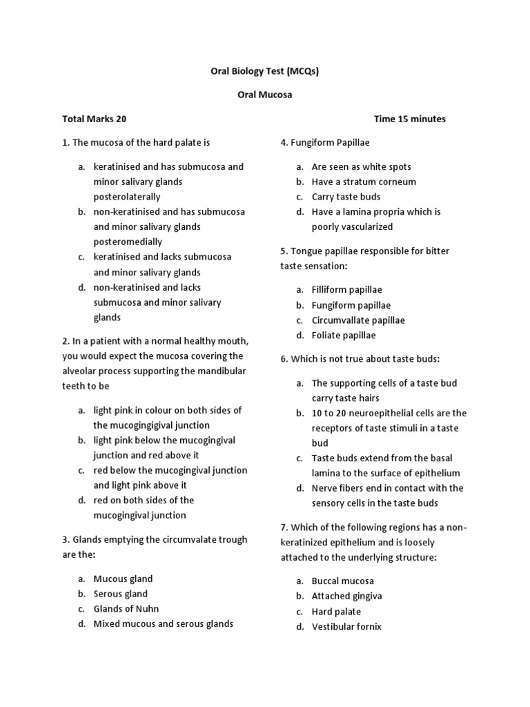 Oral Biology MCQs on Oral Mucosa | PDF | Human Anatomy | Mouth