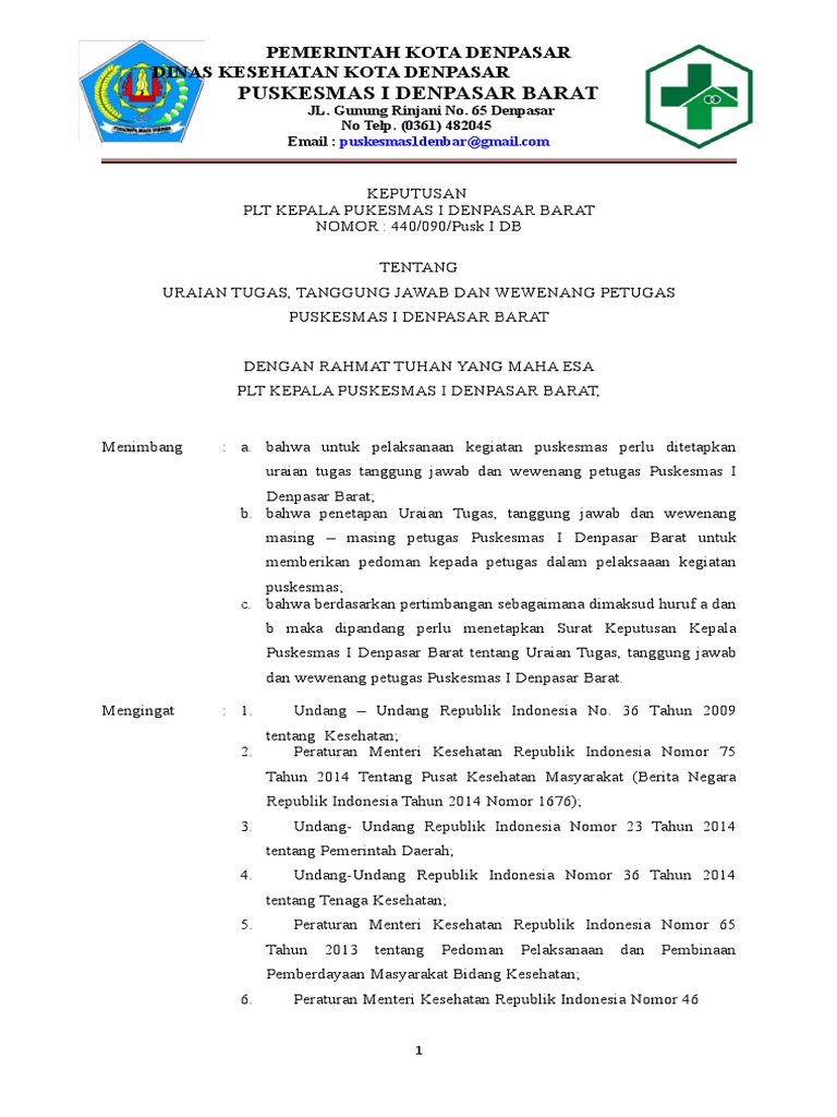2.3.1.2 SK Uraian Tugas, Tanggung Jawab Dan Wewenang Petugas Puskesmas I Denpasar Barat | PDF ...