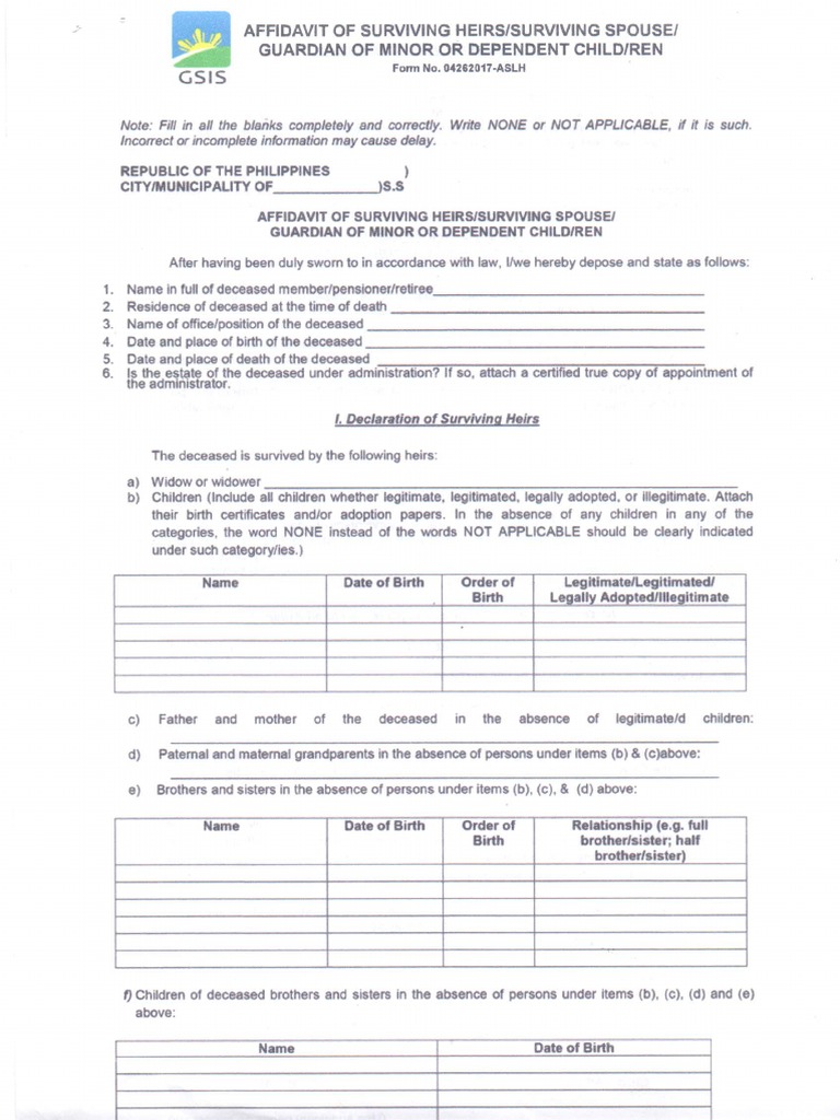 GSIS Affidavit of Surviving Legal Heirs PDF | PDF